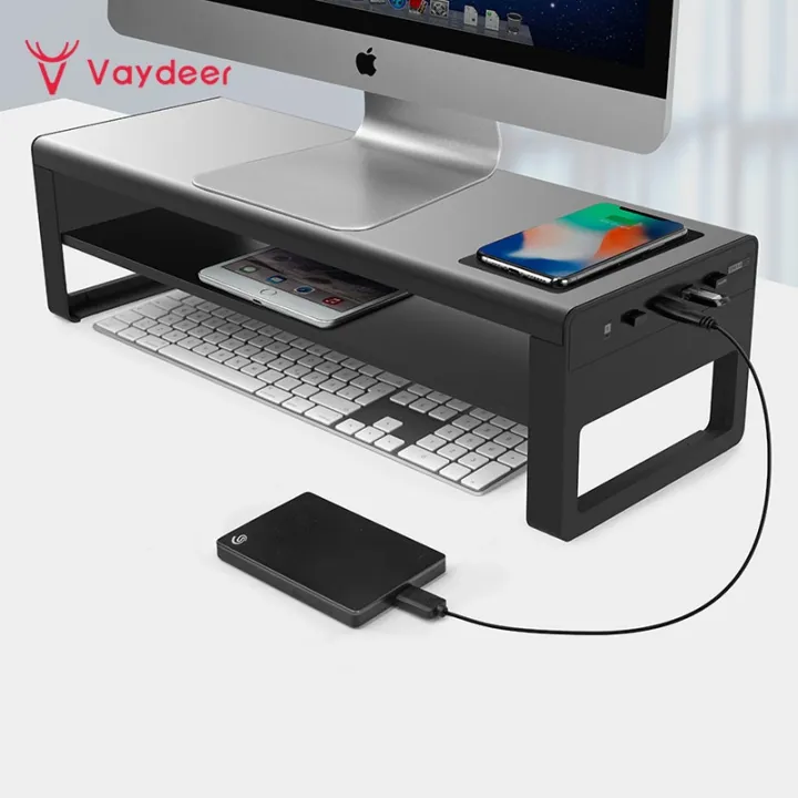 1 Vaydeer 2 Tiers Aluminum Monitor Stand With Wireless Charging And 4 Ports USB 3.0 Hubs Support ...