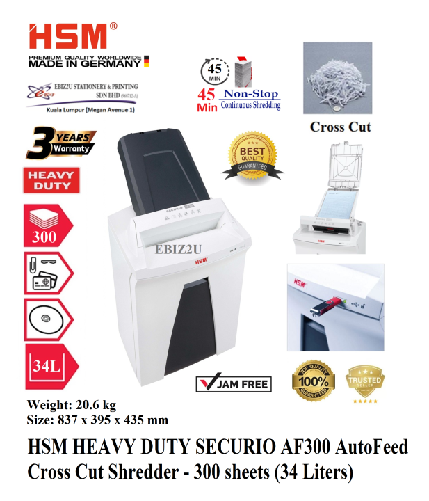 HSM HEAVY DUTY SECURIO AF300 C 4.5 x 30mm Auto Feed Cross Cut Shredder - 300 sheets (34 Liters ...