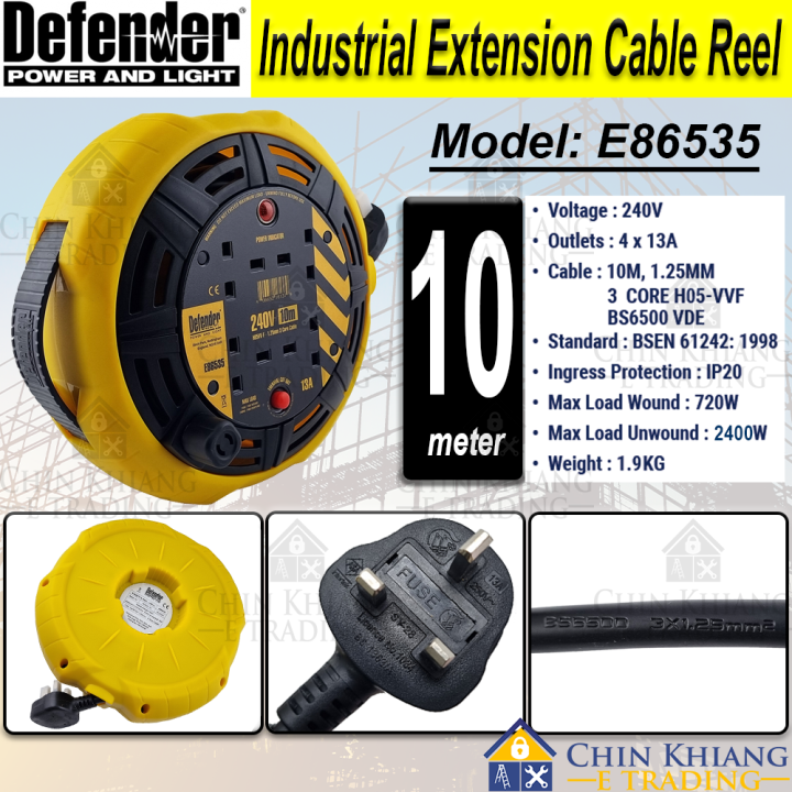 Defender 10M 4-Way Industrial Extension Wire Cable Reel 240V 13A E86535 ...