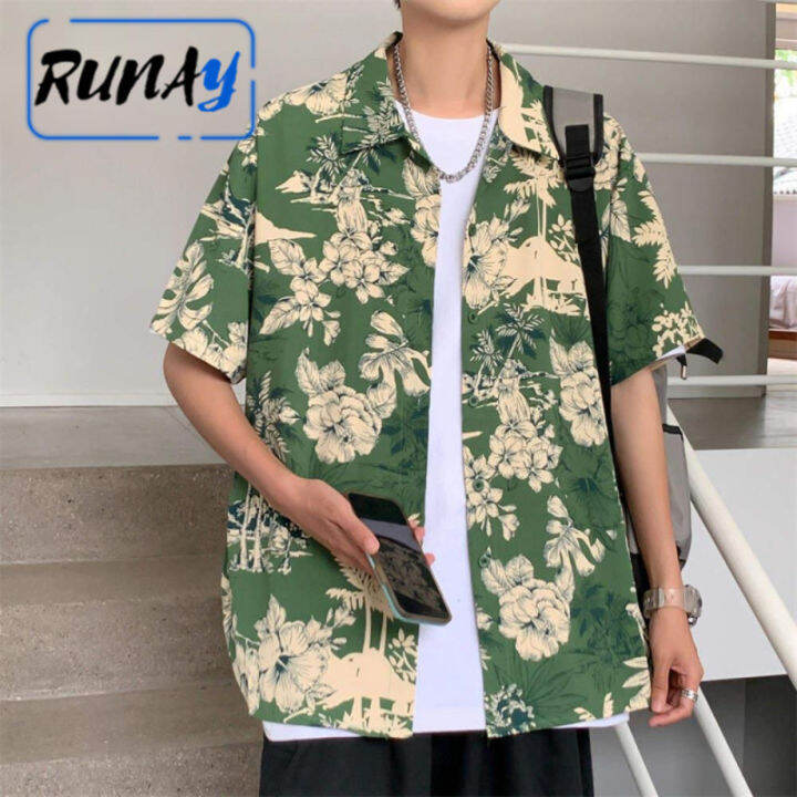 RUNAY เสื้อเชิ้ตแขนสั้นสีเขียว เสื้อเชิ้ตลําลองสไตล์วินเทจบางๆ เสื้อ ...