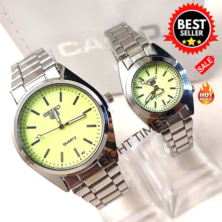 Seiko 5 Automatic & Quartz Green Dial Stainless Steel Couple Watch ...