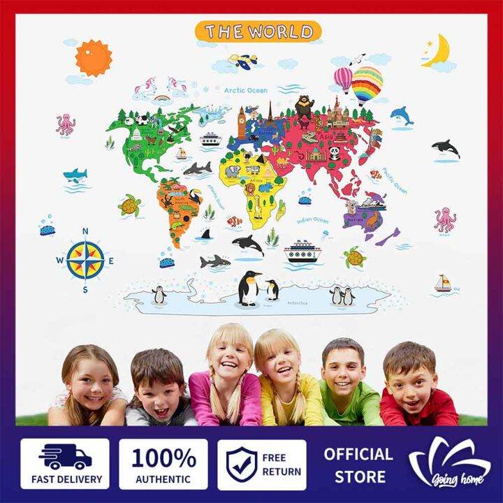 Cartoon Animal World Map Kids Wall Stickers Early Educationa Wall ...