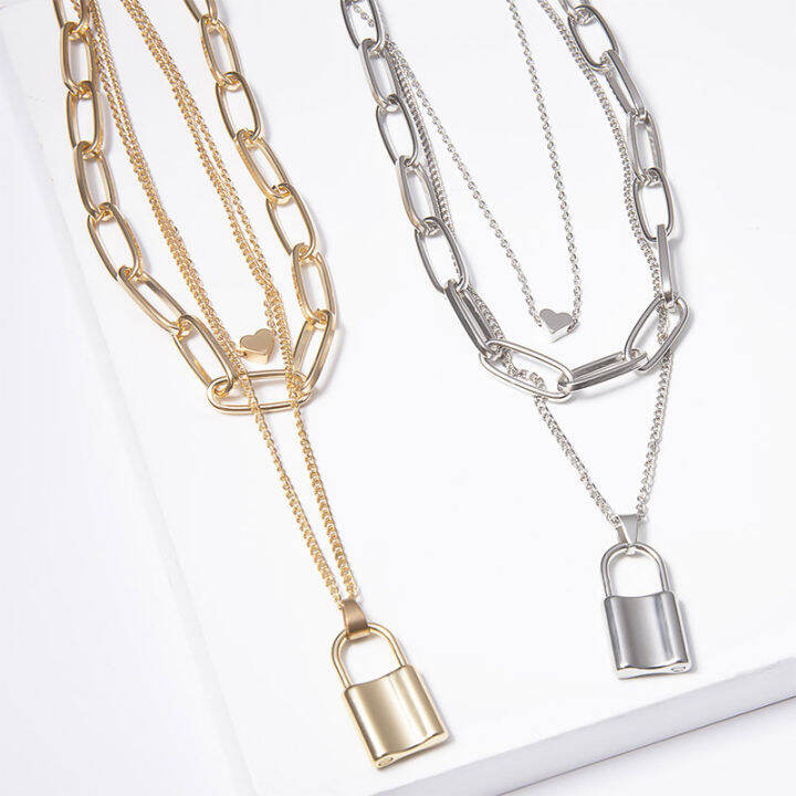 🔥Retro Multilayer Geometric Lock Shape Love Necklace LovelylifeFu COD ...