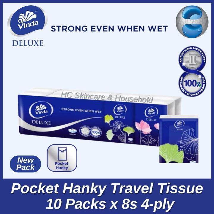 Vinda Deluxe Pocket Hanky Travel Tissue 4ply - 8's x 10 packs - Tisu Muka 口袋纸巾 | Lazada