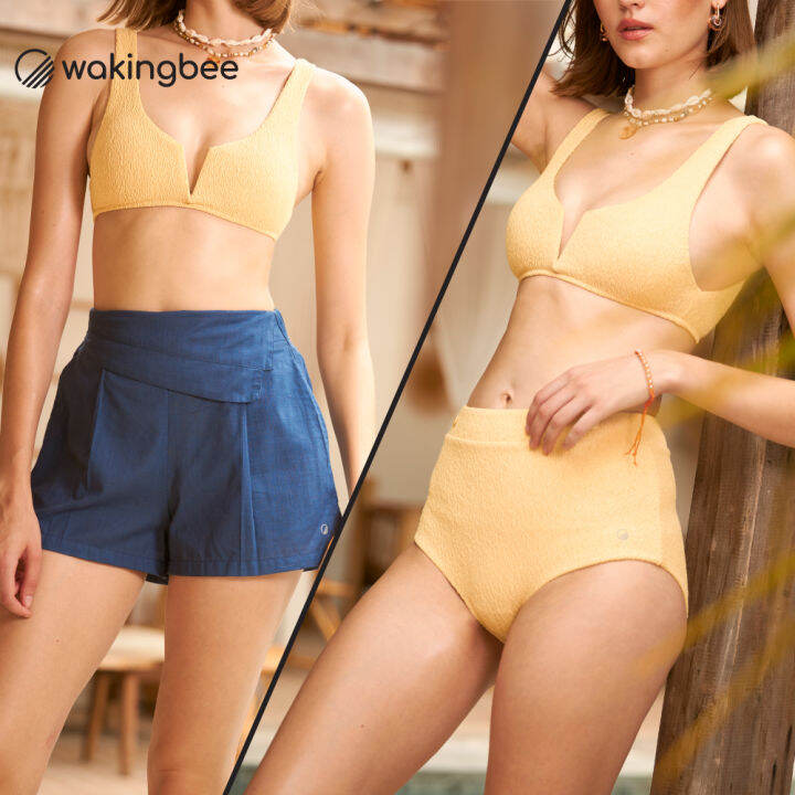 Wakingbee Two Way Bikini (Mango) 2-in-1 ขาสั้นพร้อมบิกินี่ ใส่แยกได้ เอวสูง ไม่โป๊ ผ้ามีลายในตัว ...