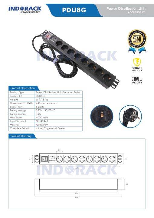 INDORACK 19" Power Distribution Unit 8 Port Germany Socket : PDU8G ...