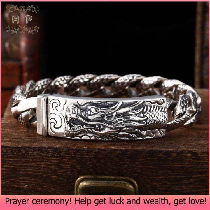 HP-S925เงินสเตอร์ลิงทำด้วยมือส่วนบุคคลสร้อยข้อมือหัวมังกรผู้ชายสร้อยข้อมือเงิน Retro Dragon ...