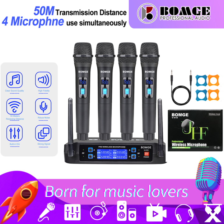 Wireless Microphone System, BOMGE Pro 4-Channel Cordless Mic Set With Four Handheld Mics, Fixed ...
