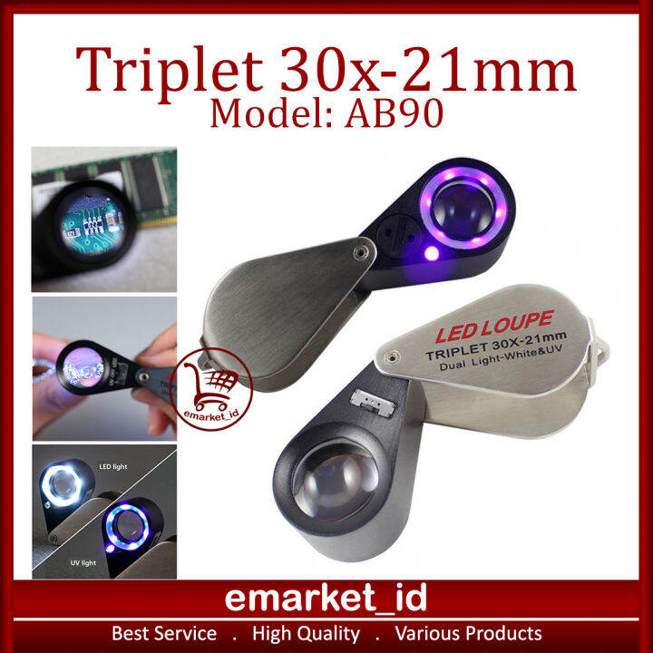 Triplet 30x-21mm AB90 / LED Loupe / Lup Kaca Pembesar Lipat Perhiasan ...