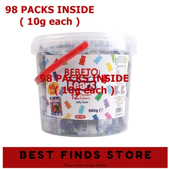 BEBETO Mini Gummy Bears Jelly in Bucket 980 grams | 98 pouches x 10g ...