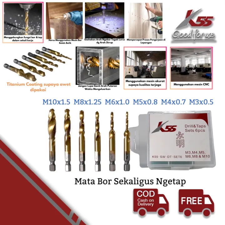 K55 Mata Bor Sekaligus Tap Menggunakan Mesin Bor Bolak-Balik Besi ...