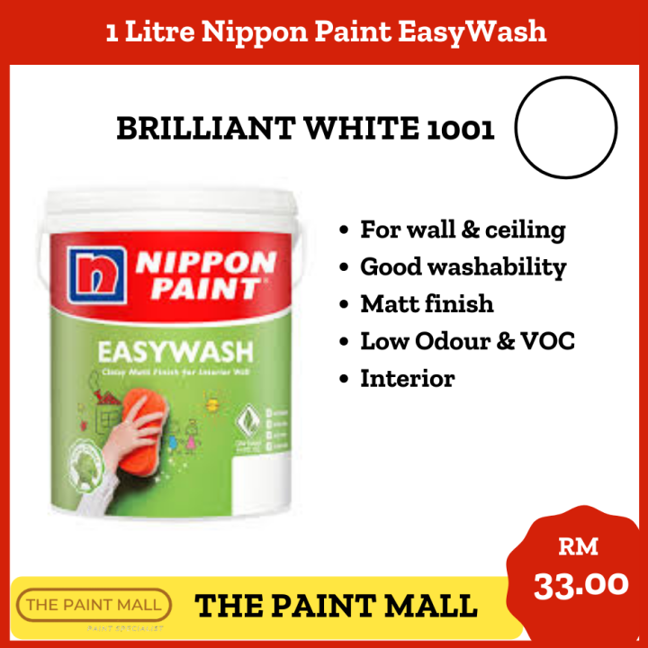 [The Paint Mall] 1L Nippon Paint EasyWash Brilliant White 1001 (Interior Wall Matt Finish) | Lazada