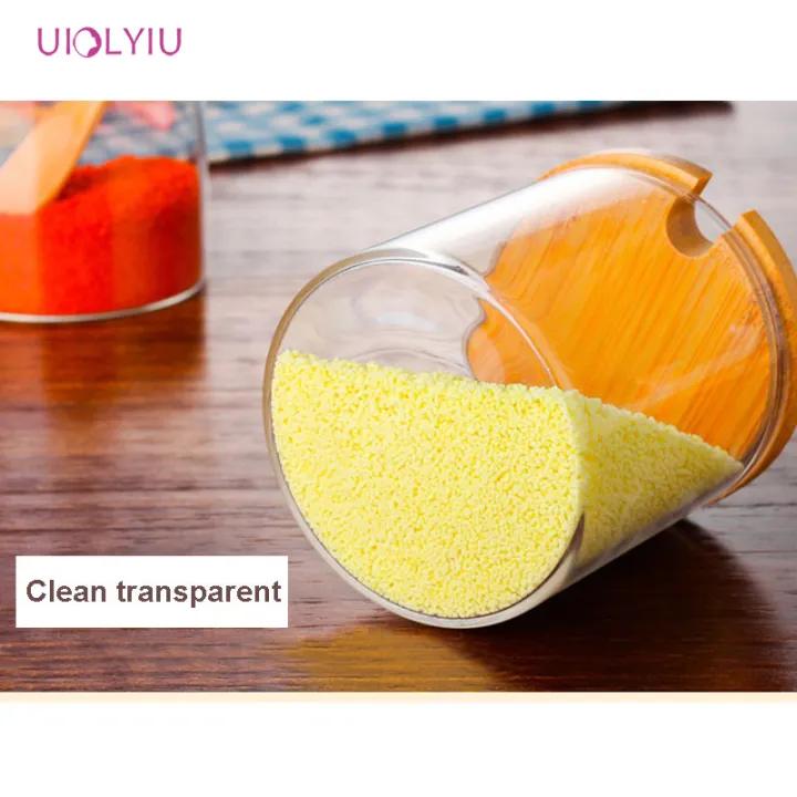Uiolyiu Glass Spice Jar Salt Pepper Sugar Can 3 Pcs Wood Holder Spice ...