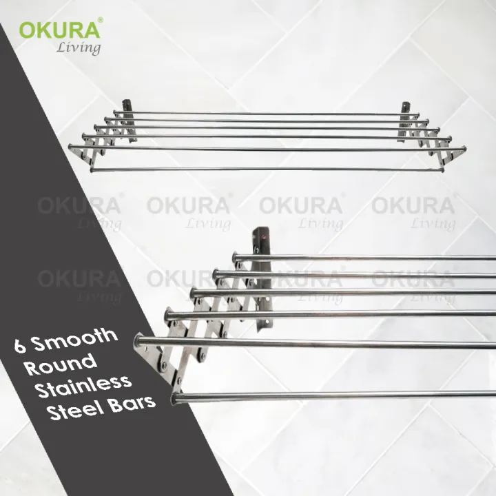 OKURA 6 Bar Retractable Cloth Hanger Stainless Steel Ampaian Baju Wall ...