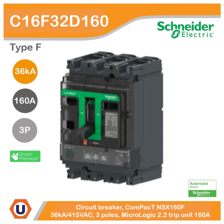 Schneider Circuit breaker, ComPacT NSX160F, 36kA/415VAC, 3 poles, MicroLogic 2.2 trip unit 160A ...