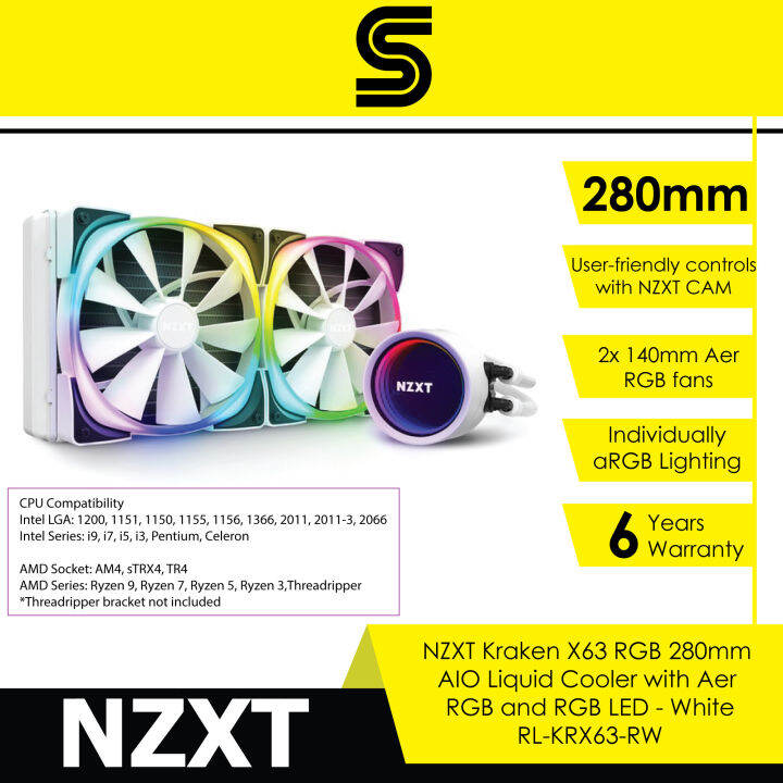 NZXT Kraken X63 RGB 280mm AIO Liquid Cooler - White - RL-KRX63-RW | Lazada