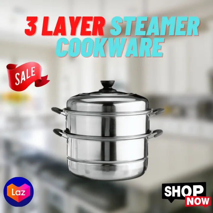 3 LAYER STEAMER COOKWARE | Stainless Steel Stack Steam Pot Set Saucepot ...