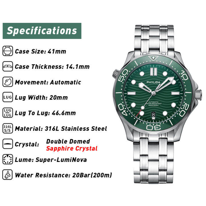 PHYLIDA New Green Dial PT5000 MIYOTA Automatic Watch DIVER 200M ...