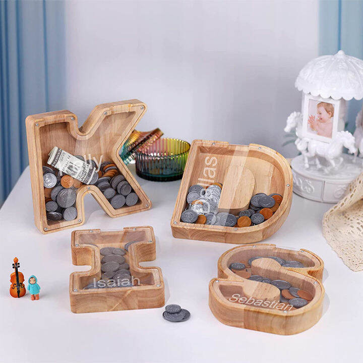 DIY 26 Letters Wooden English Alphabet Piggy Bank Cute Money Saving ...