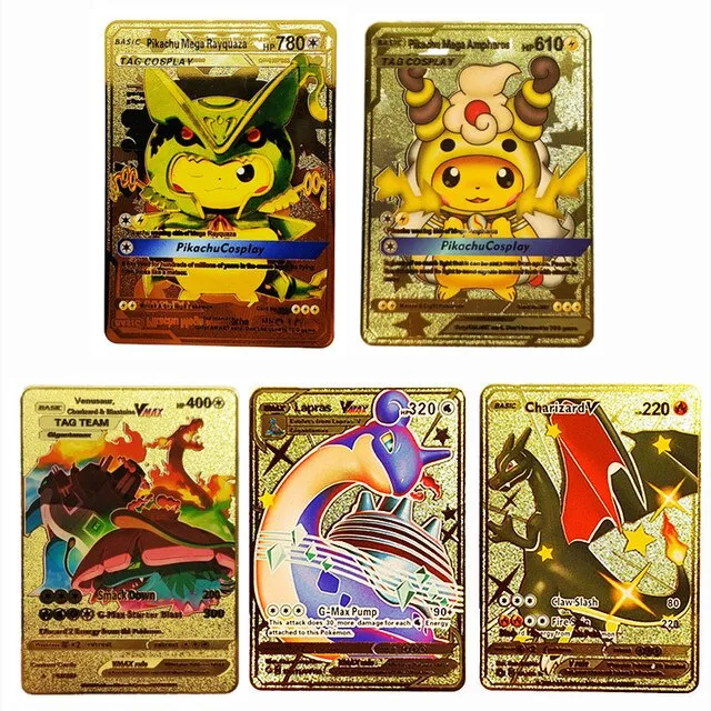 5PCS Pokemon Iron Cards Golden Metal Pokemon Shiny Letters Pikachu ...