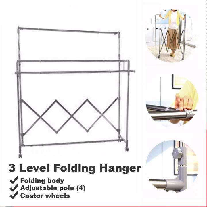Adjustable 3 Pole Level Dry Clothes Rack Foldable Hanger With Wheels ...