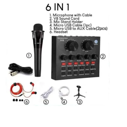 V8 SOUND CARD SET WITH CONDENSER MICROPHONE AND STAND HARD CASE, CABLES ...