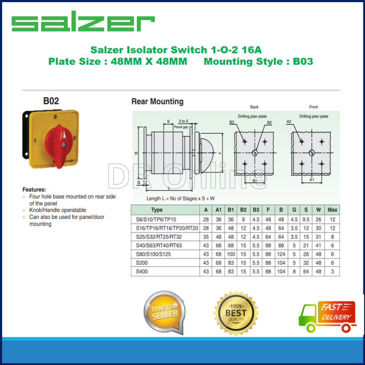 SALZER CHANGEOVER SELECTOR SWITCH, 1-0-2 ~ 16A ~ 1P, (S1661151-1-B03 ...