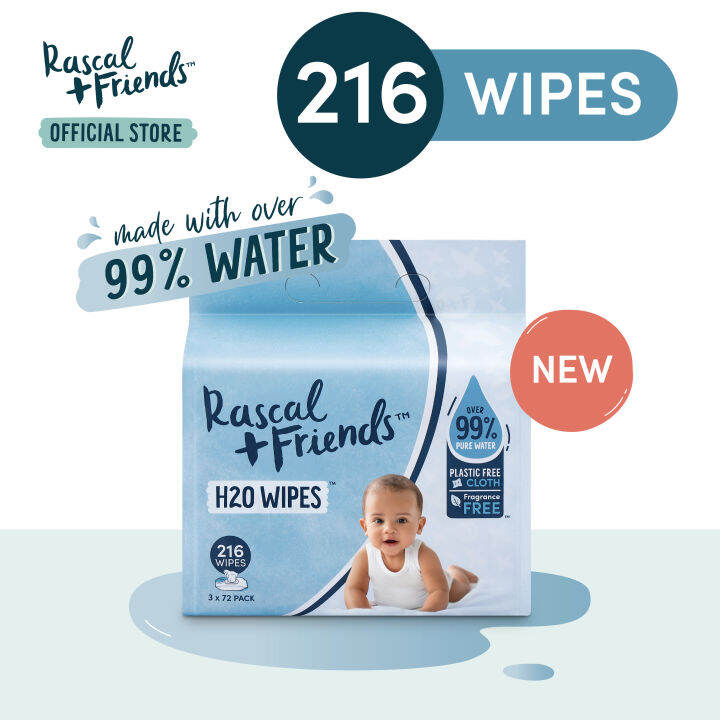 RASCAL + FRIENDS H2O Water Wipes 216 Sheets, Over 99% Water (72's x 3 ...