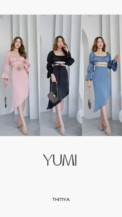 YUMI SET เซตเสื้อแขนยาว กระโปรงเฉียง เนื้อผ้าซิปซาตินอย่างดี thitiya | Lazada.co.th