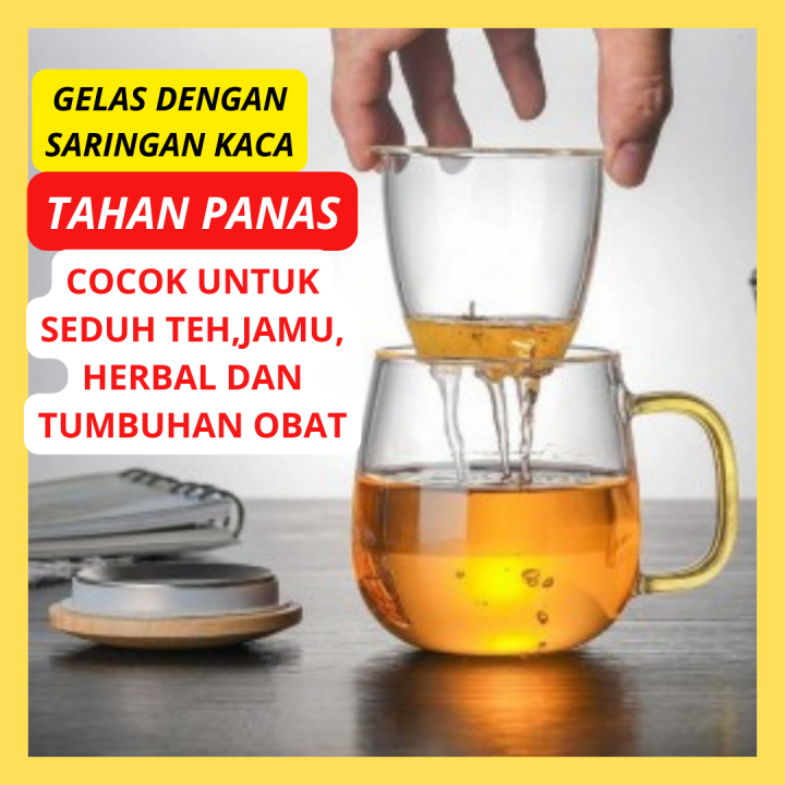 Cangkir Gelas Mug Kaca Dengan Saringan Untuk Seduh Siram Jamu Herbal ...