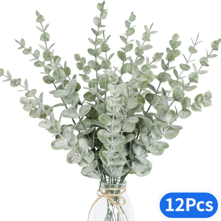 12Pcs Simulation Single-Branch Eucalyptus Leaf Artificial Green Plant ...