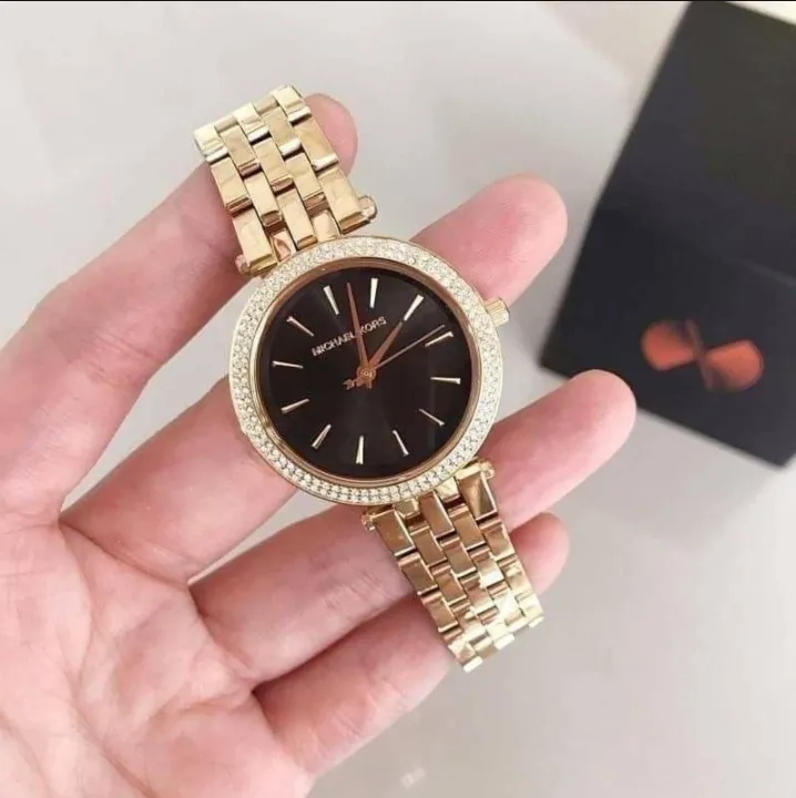 Original Michael Kors Darci Black Dial Ladies Gold Tone Crystal Pave ...