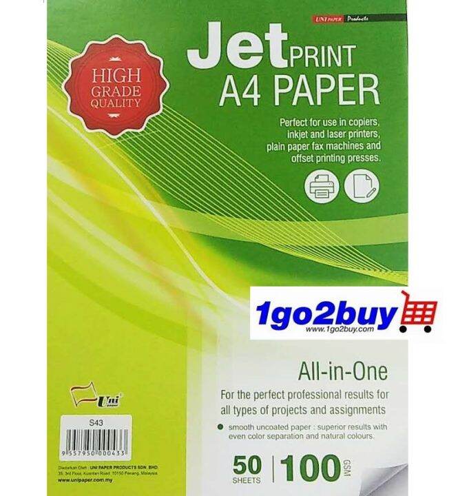 [Uni Paper] A4 Jet Print Paper 50's 100Gsm (S43) | Lazada