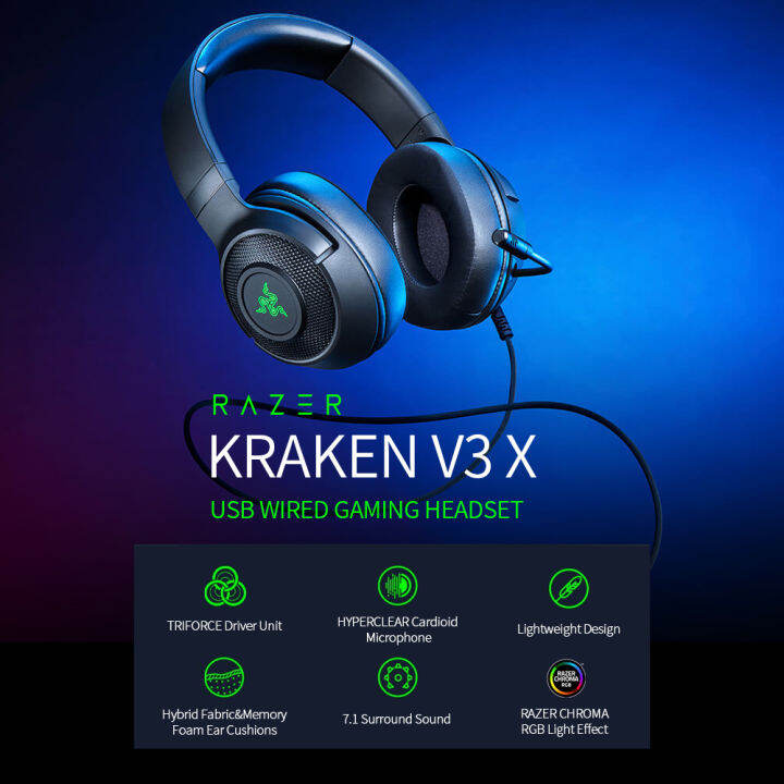 Razer Kraken V3 X Wired Gaming Headset 7.1 Surround Sound Headset with TRIFORCE 40mm Driver Unit ...