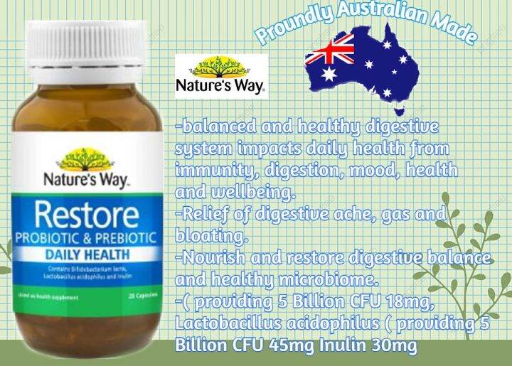 Natures Way Restore Probiotic & Prebiotic Daily Health 28'Cap 100% ...