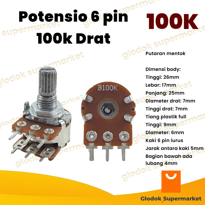 Potensio 6 pin 100k Drat Stereo Kaki 3-3 Lurus Volume Mixer 104 ...
