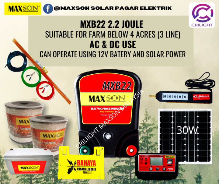 Crilight Solar SET PAGAR ELEKTRIK 0.5 EKAR HINGGA 4 EKAR (AC & DC) MAXSON MXB22 2.2J POLYWIRE ...