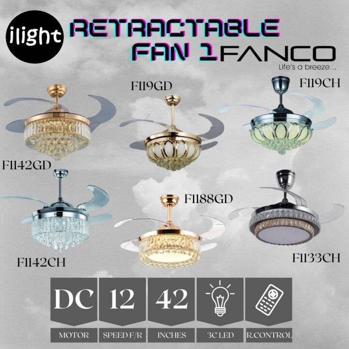 FANCO Retractable Ceiling Fan 42 Inches DC Motor with 3 Color LED Light ...