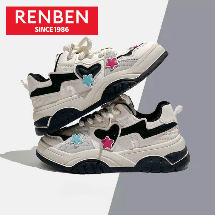 RENBEN รองเท้าเบสเพลทหนาสำหรับกีฬาวิ่งฉบับภาษาเกาหลีนักเรียนหญิงรองเท้าสีขาวหัวใจ | Lazada.co.th