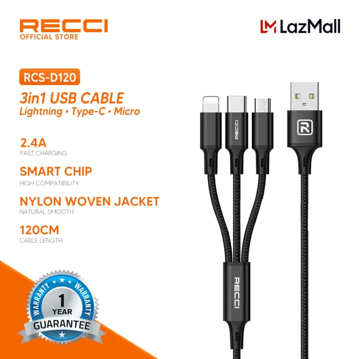 Recci RCS-D120 3in1 USB Cable, Lightning + Micro + Type-C, 120cm Cable Length 2.4A Fast Charging ...