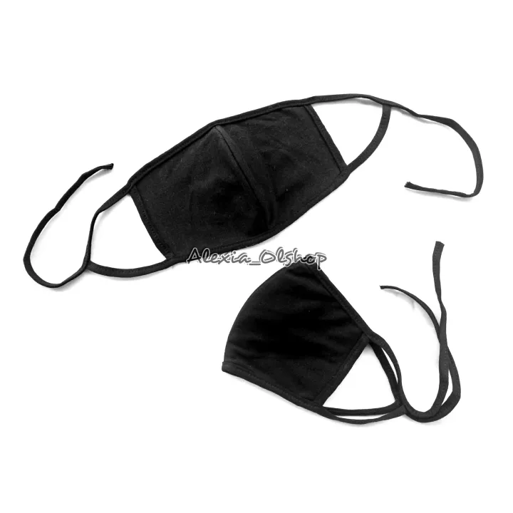 12 pcs masker kain hitam polos hijab tali bis 3 ply / masker kain katun ...