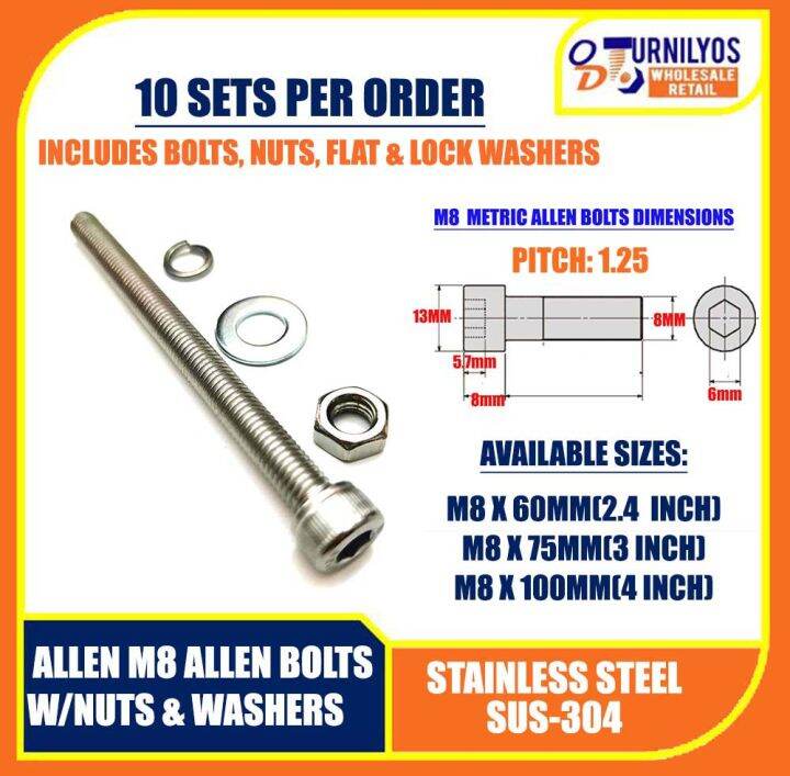 10 SETS STAINLESS ALLEN M8 BOLTS M8X60, M8 X 75 AND M8 X 100 | Lazada PH