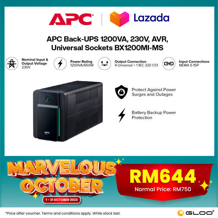 APC Back-UPS 1200VA, 230V, AVR, Universal Sockets BX1200MI-MS - Black ...
