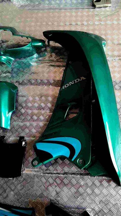 เฟรม wave100ตัวเก่าไฟสองตาหน้าดิส สีเขียวหัวเป็ดท้ายดำมี13ชิ้น เนื้อชุด ...