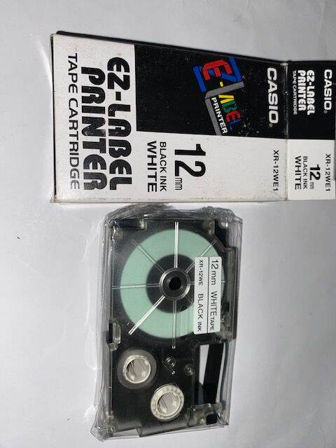 Casio Genuine XR-12WE1 XR12WE1 Black Ink 12mm on White Tape 8 Meter Ez-Label Printer Tape ...