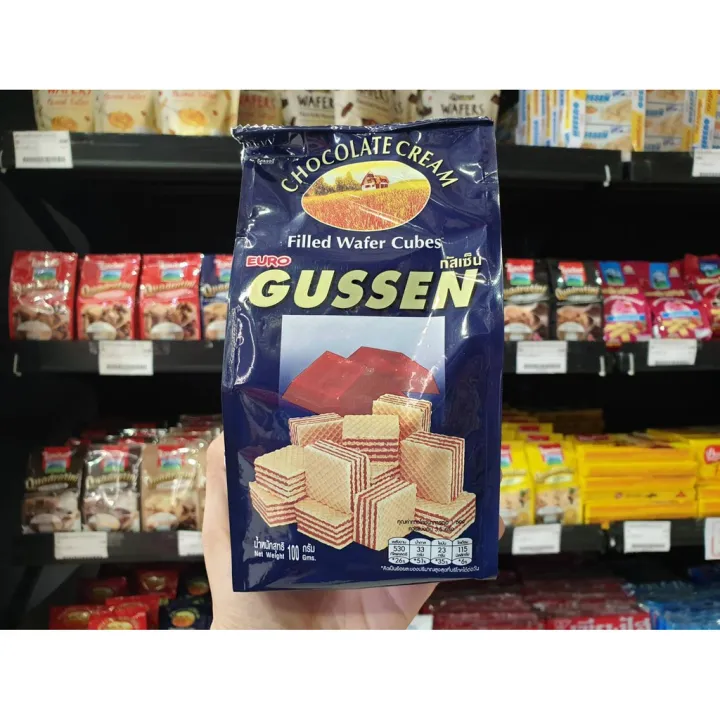 🔥Gussen กัสเซ็น เวเฟอร์สอดใส้ครีม รส ช็อกโกแลต สีน้ำเงิน 100 กรัม ...