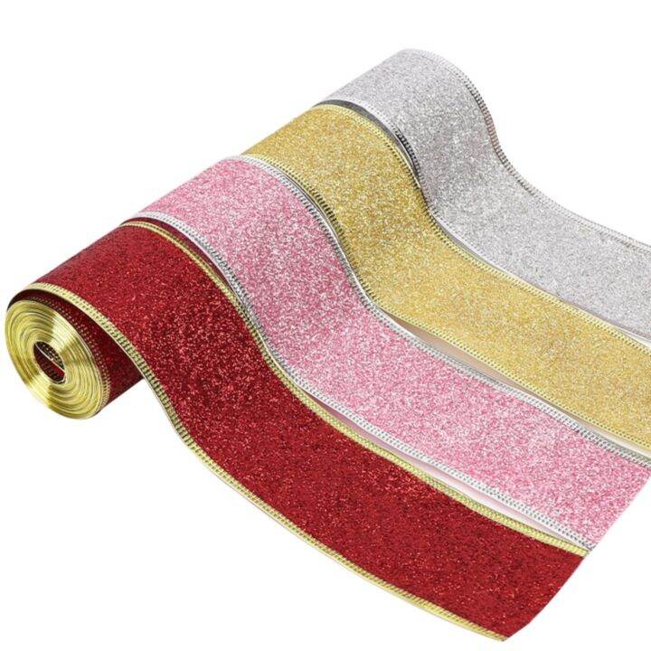 Wide Shimmers Christmas Ribbon With Gold Wired Edge Glitter Metallic ...