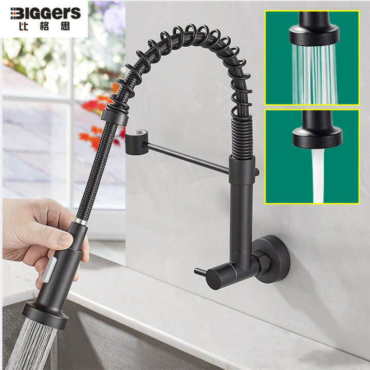Biggers Brass Wall Mounted Pull Out Kitchen Faucet Cold Water Rotatable ...