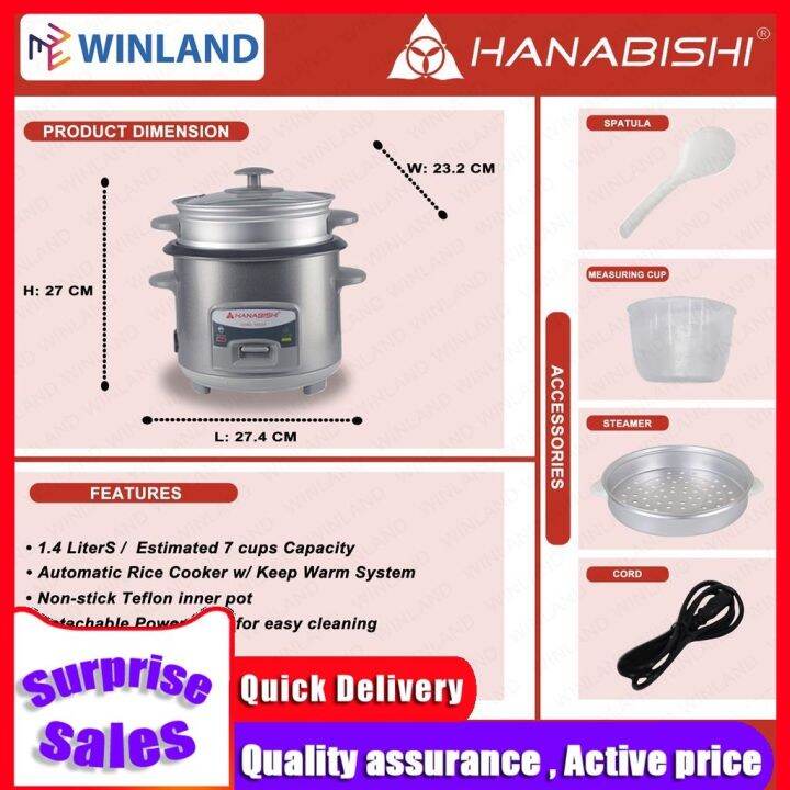 HANABISHI by Winland Rice Cooker 1.4L serves 7 cups Glass Cover w ...
