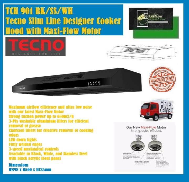 Tecno TCH 901BK/SS/WH Slim Line Designer Cooker Hood with Maxi-Flow ...